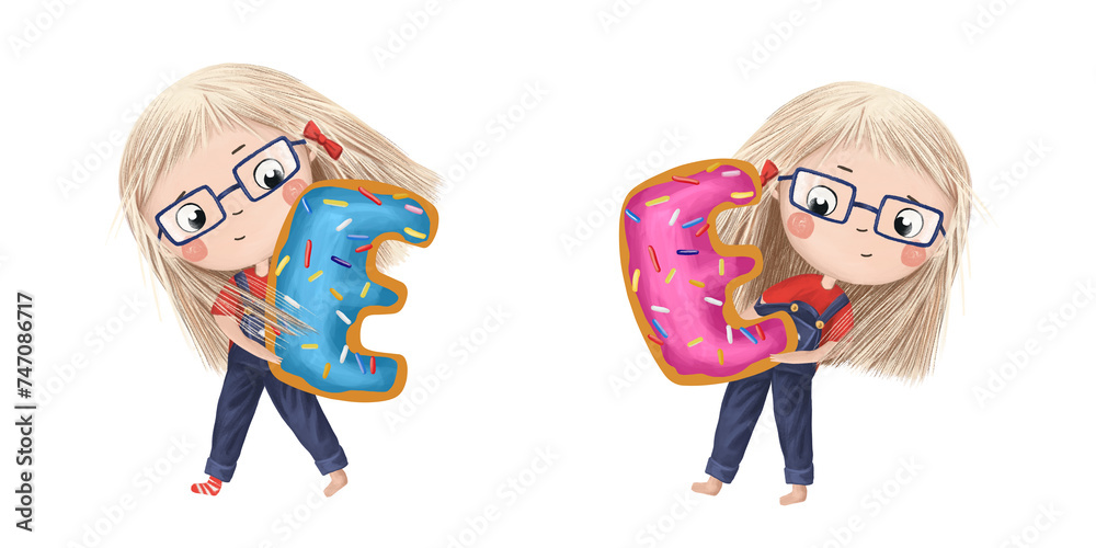 Cute little girl with chocolate donut- letter E. Tasty set on white ...