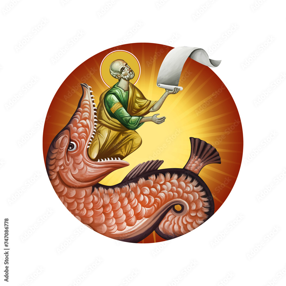 Medallion with Saint Jonah and the Whale on white background ...