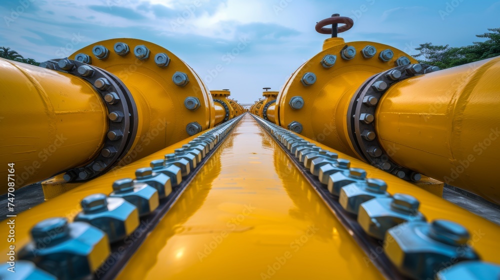 Gas pipelines and valves at distribution station under blue sky ...