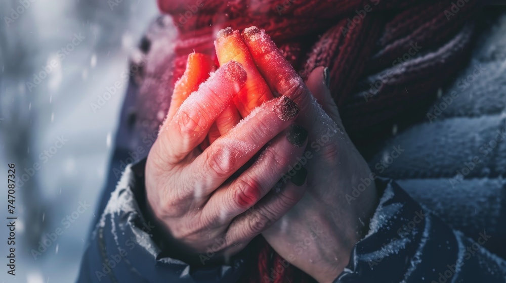 Frostbite Warning Signs - Someone returning indoors, holding their red ...