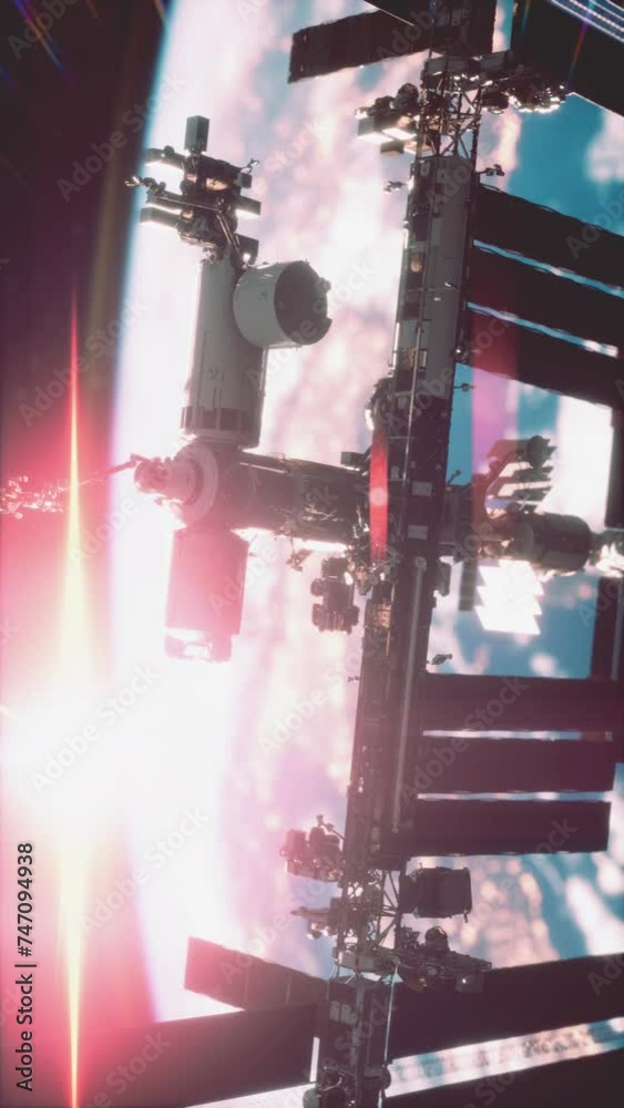 Close up ISS flying over Earth globe atmosphere Elements of this image ...