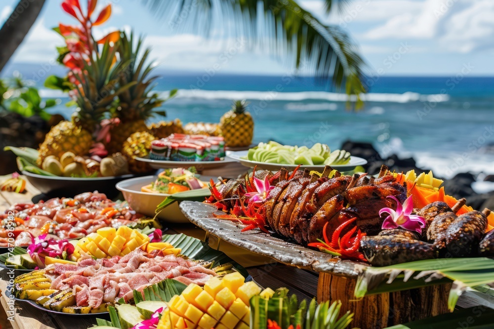 Festive luau on a tropical beach, with a pig roast, fresh seafood, and ...