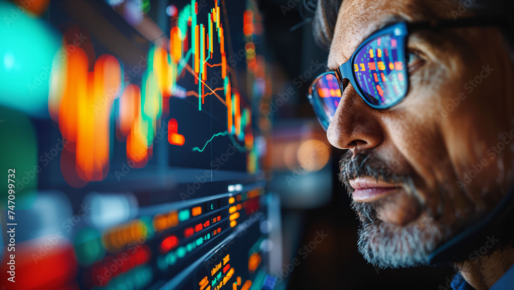Magazine photography of a financial expert analyzing stock market ...