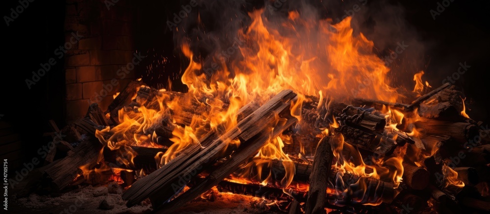 Bright flames dance and flicker as they emerge from the burning logs ...