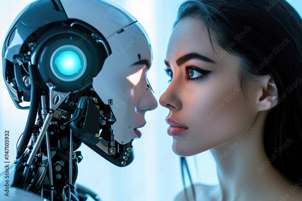 woman and humanoid robot looking at each other, humans vs digital ...