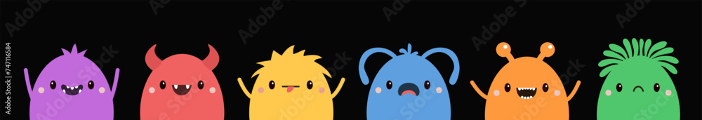 Monster silhouette face head icon set line. Happy Halloween. Colorful ...