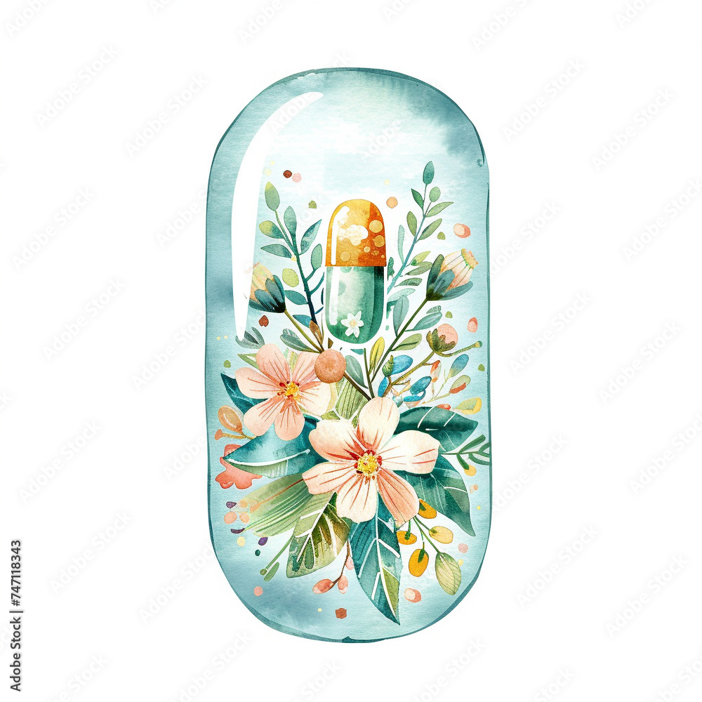 Watercolor illustration clipart of a single cute capsule pill isolated ...