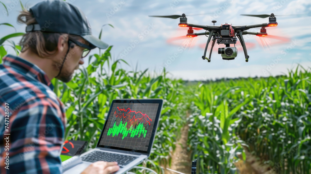 High-tech drone scanning a crop field, generating a health and growth ...