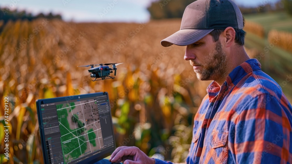 High-tech drone scanning a crop field, generating a health and growth ...