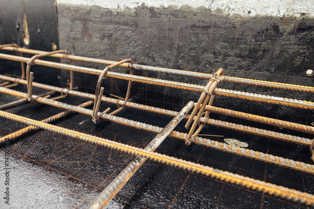 Steel rebar mesh close up. Reinforcement rods at construction site ...