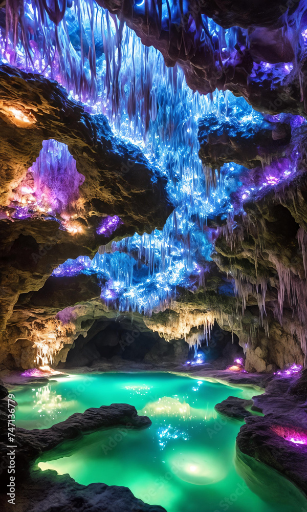 Glowing Caverns. An underground wonderland, a cavern adorned with luminescent crystals. Stock ...
