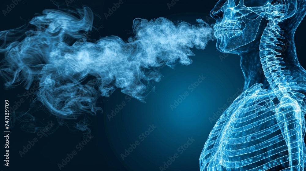 Ethereal silhouette of human body shape created by smoke against a dark ...