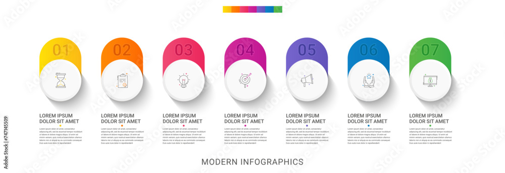 Vector timeline infographics template with 7 circles and options. Blank ...