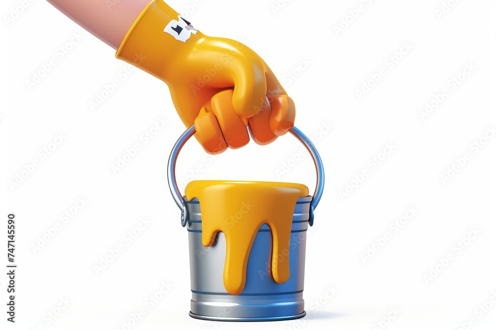Flexible cartoon human hand holds metal bucket with yellow paint ...