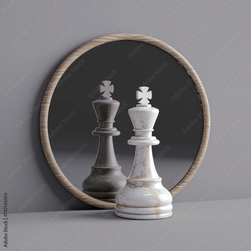 3d render, chess game king piece stands in front of the round mirror ...