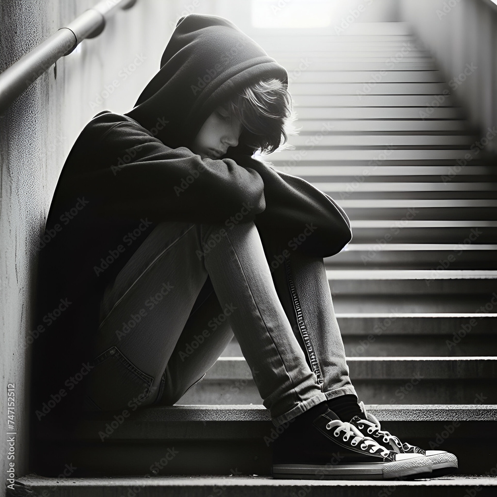 Bullying and harassment concept, Depressed boy sitting alone at stairs ...