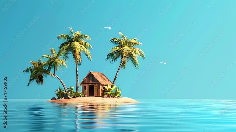 Small tropical island with palms and hut surrounded sea blue water ...