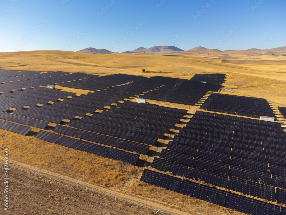 Solar panel rows aerial view. Photovoltaic panels farm from sky ...