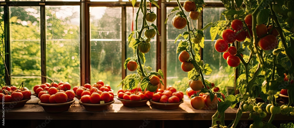 Vibrant tomatoes are thriving in bowls filled with soil on a window ...