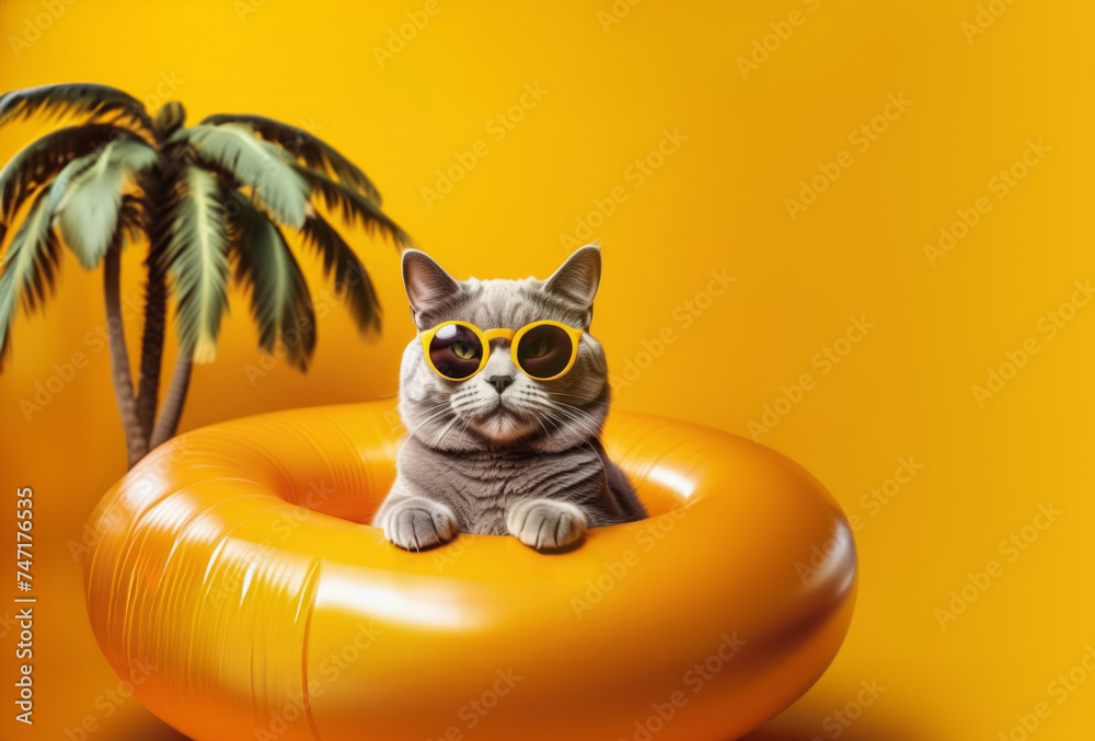 Cat swimming in the swimming pool at a yellow studio background ...
