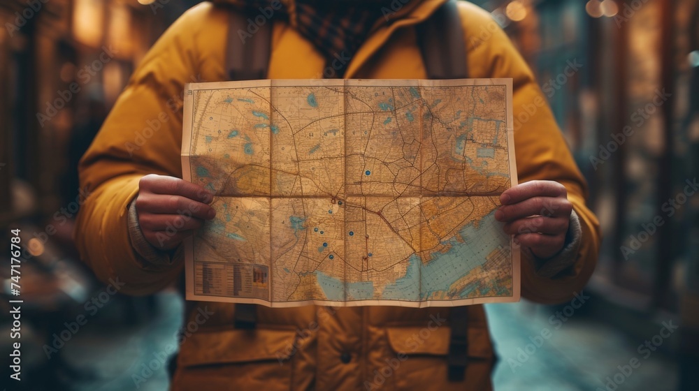 Explorer in yellow jacket holding map and checking directions while ...