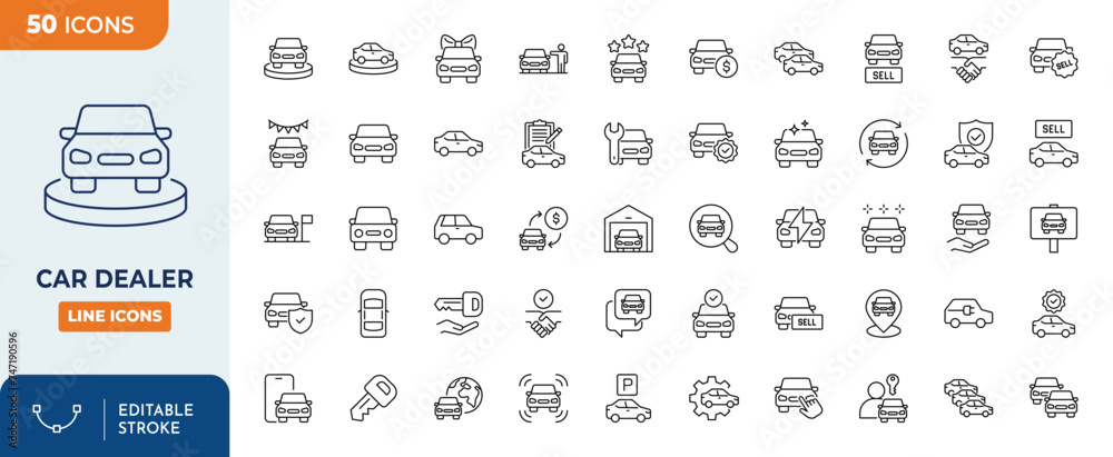 Car Dealer, Vehicle and Automobile Industry Line Editable Icon set ...