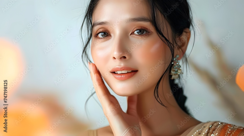 Illustration of a close-up photo of a beautiful young woman's face with ...