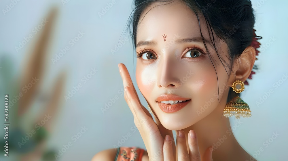 Illustration of a close-up photo of a beautiful young woman's face with ...