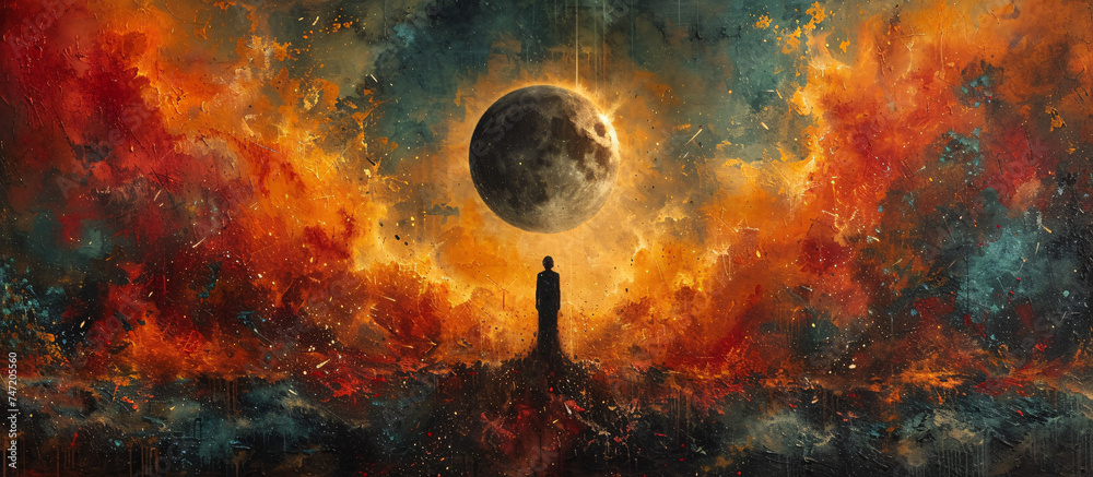 Mystical Cosmic Landscape: A Lone Silhouette Against a Dramatic Moon ...