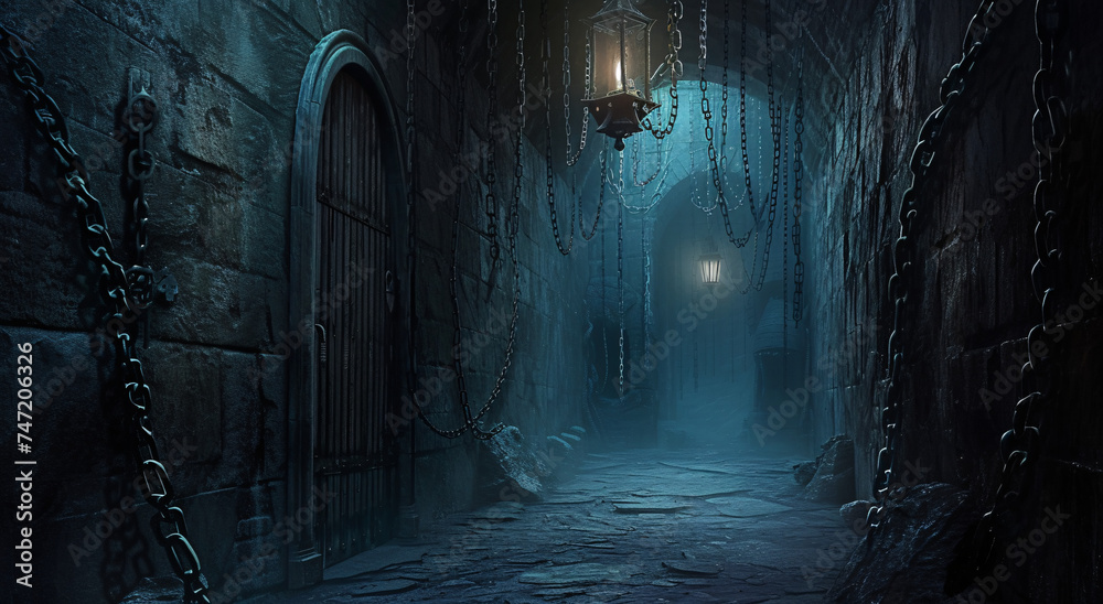 Mysterious Medieval Dungeon Corridor Illuminated by Eerie Lantern Light ...