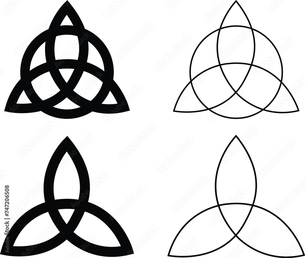 Triquetra sign icon set. Leaf like celtic simple symbol black line vector Trikvetr knot with ...