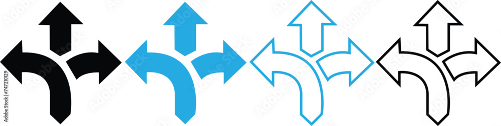 Choice between three roads icon set. Three-way directional arrow. Way, road, direction ...