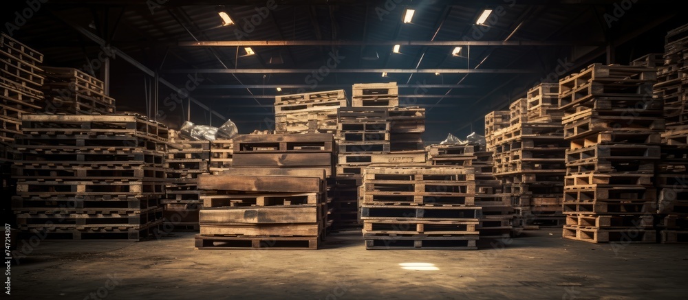 A vast quantity of wooden pallets is neatly organized within a ...