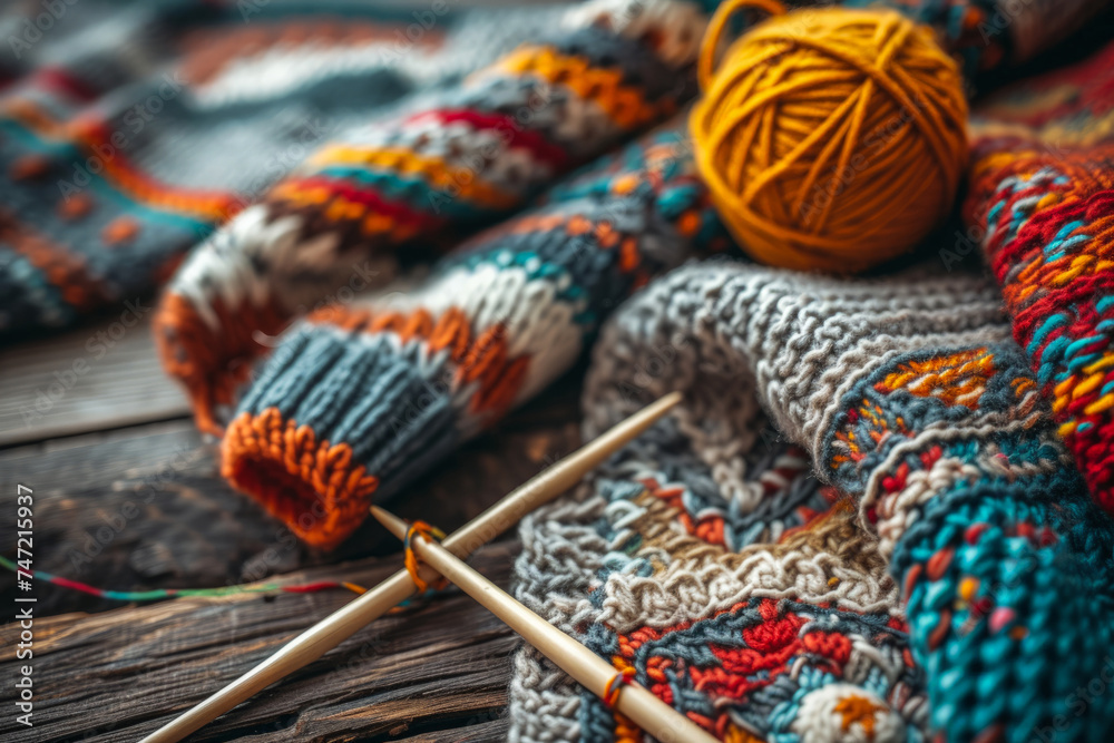 Generative AI illustration of colorful array of knitting wool and ...