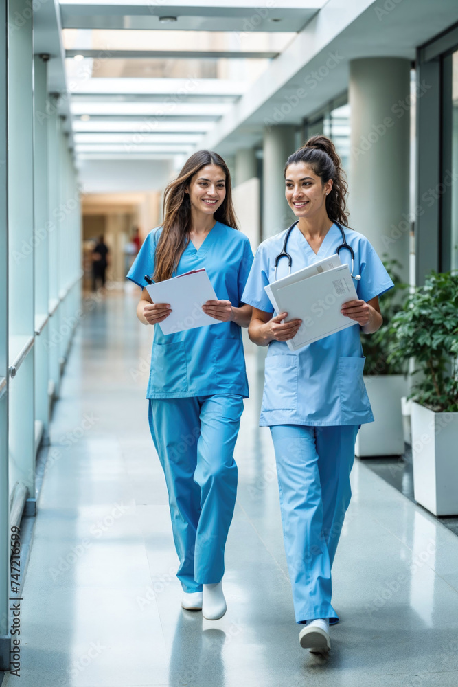Smiling Nurses with Documents in Hospital Corridor. Generative AI image ...