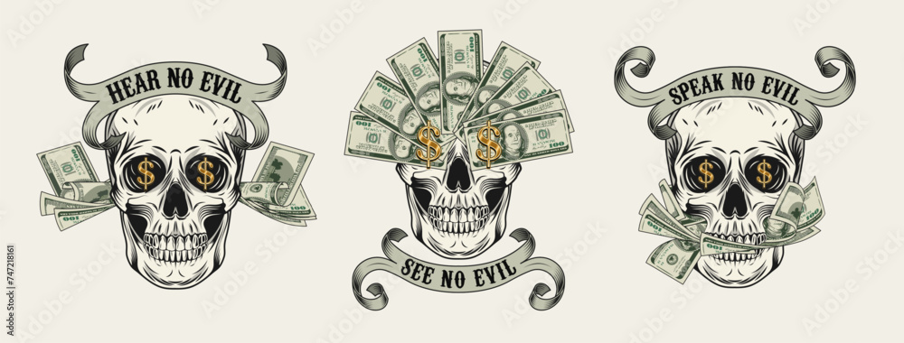 Labels with skull, cash money, 100 dollar bills, dollar sign, vintage ...