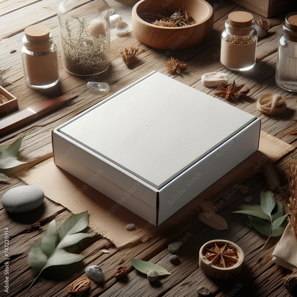 white packaging mockup on table with leaves, creative box packaging ...