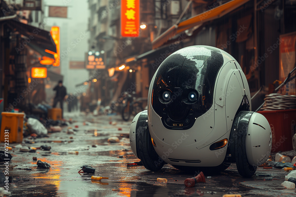 A white modern robot car sits on top of a wet street, ready for ...