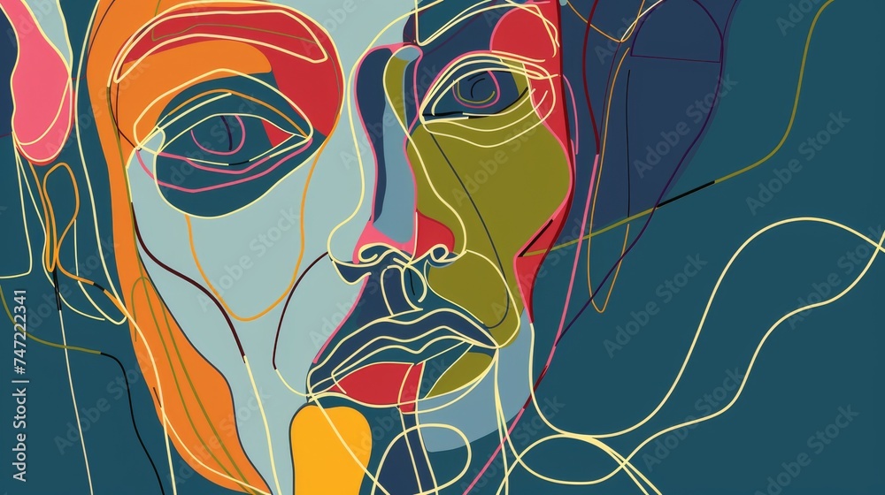 Abstract continuous line art of a human face with a dynamic overlay of ...