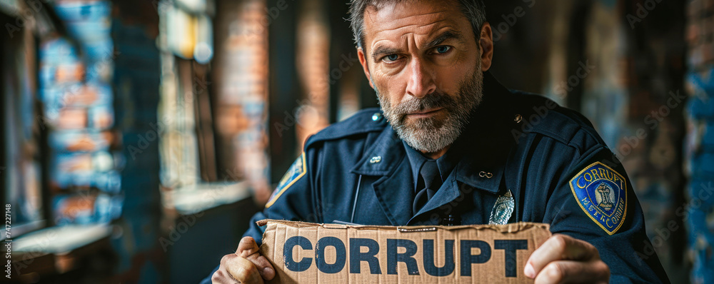 Stern faced police officer in uniform, symbolically holding a sign ...