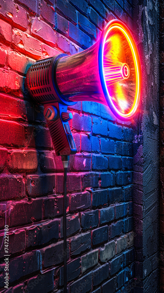 Neon megaphone on a dark brick wall background, casting a glow ...