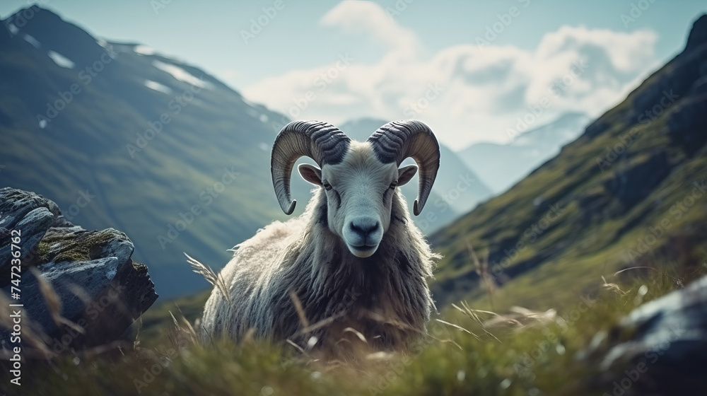 Mountain ram in mountainous valley. Its horns symbolizing strength and ...