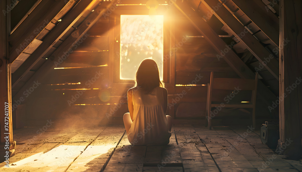 The back silhouette of a sad girl sitting on the floor of an attic room ...