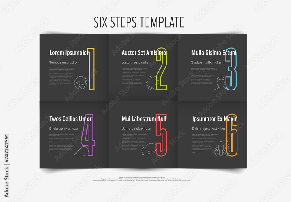 Six dark steps progress template with big color number icon and ...