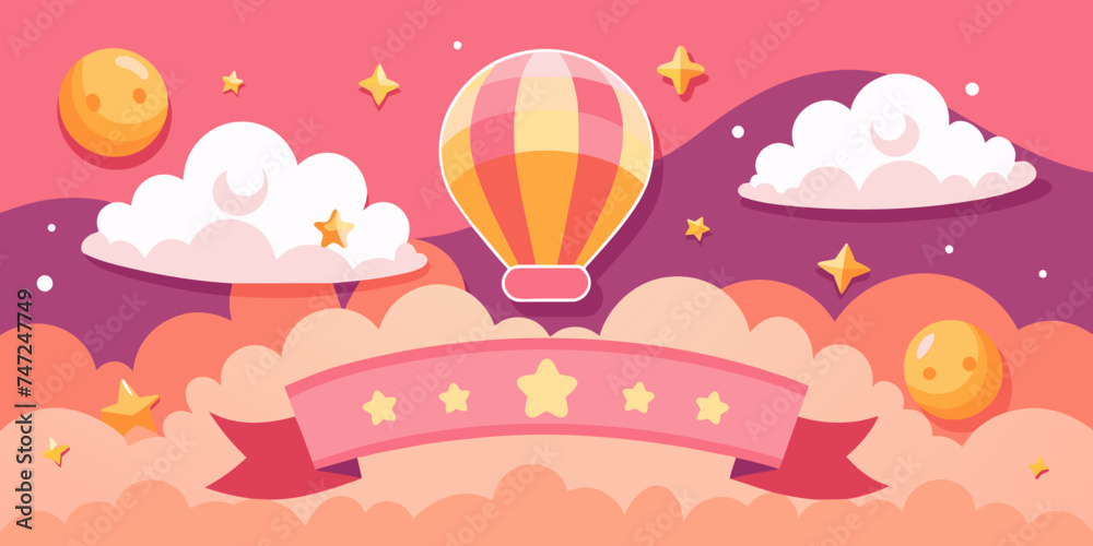 Banner with Cartoon Hot Air Balloon, Clouds, and Stars, Children's ...