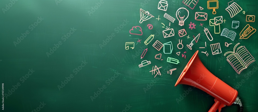 Loudspeaker on a bright background around school elements and ...