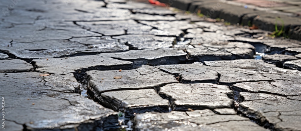 A detailed view of a street surface with numerous cracks indicating ...