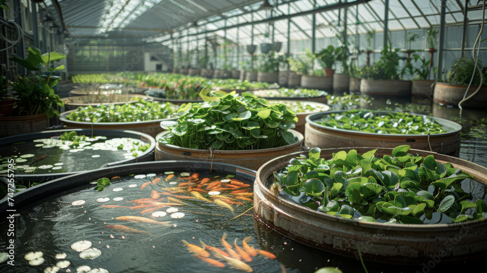 Aquaculture tanks within a greenhouse, showcasing the synergy of fish ...