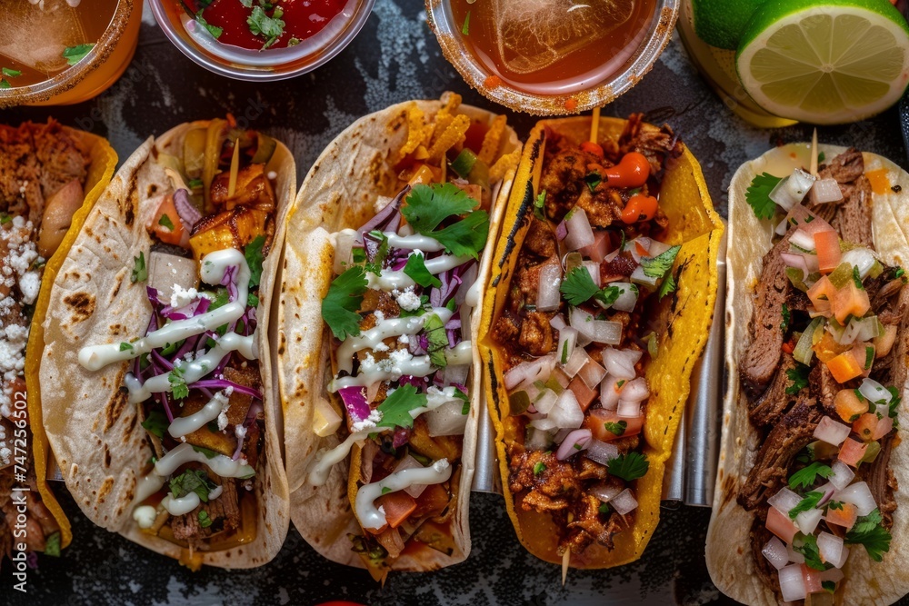 Five tacos with various toppings next to them alongside beverages ...