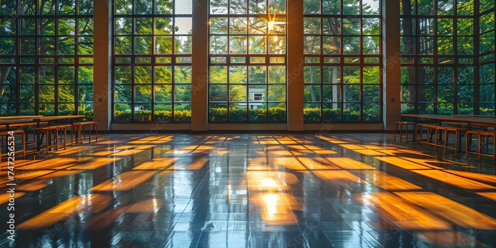 Interior of a high school cafeteria illuminated by natural light ...